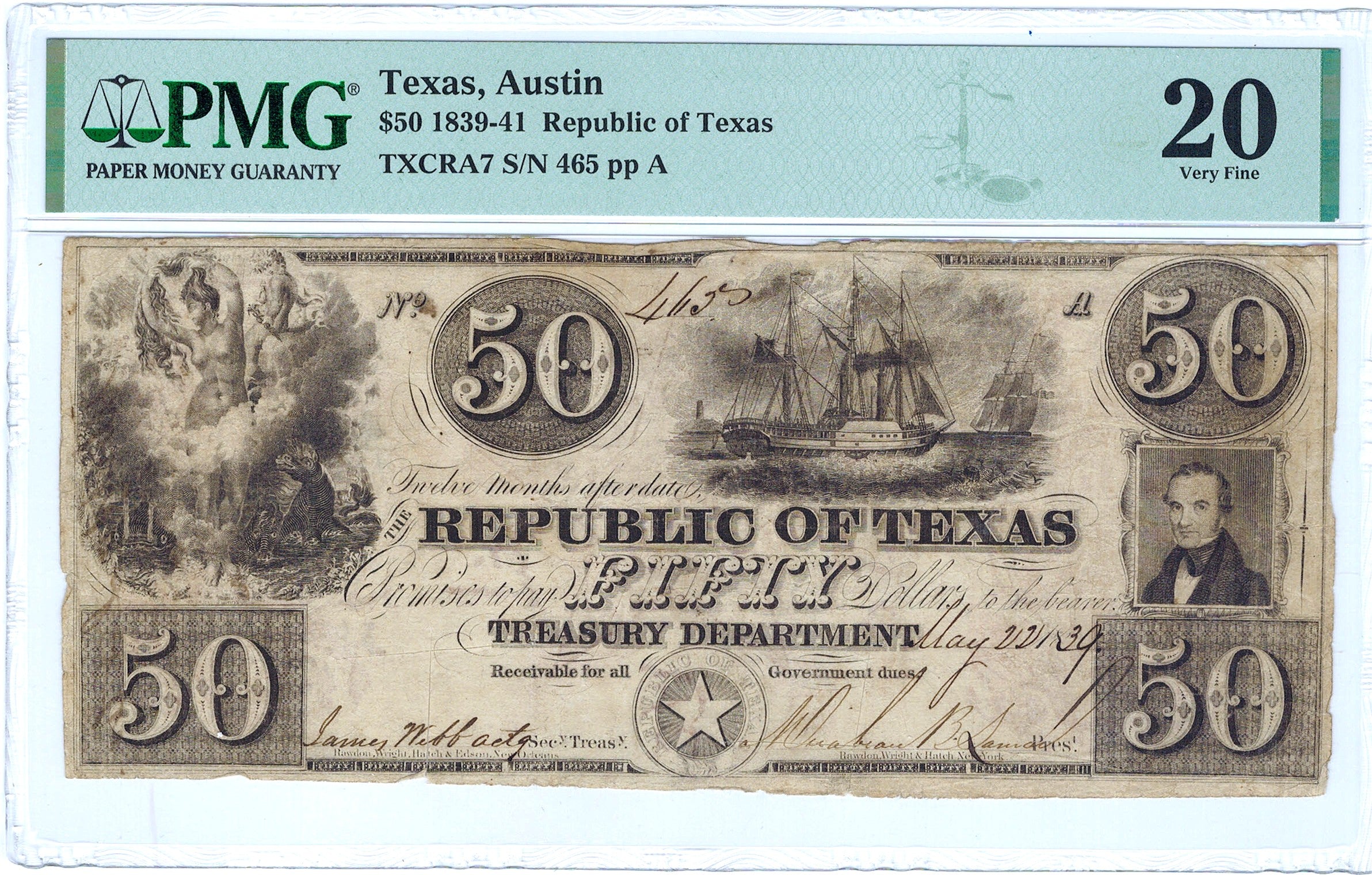 Republic of Texas May 22, 1839 $50 TXCRA7 Redback Star – classycoins.com